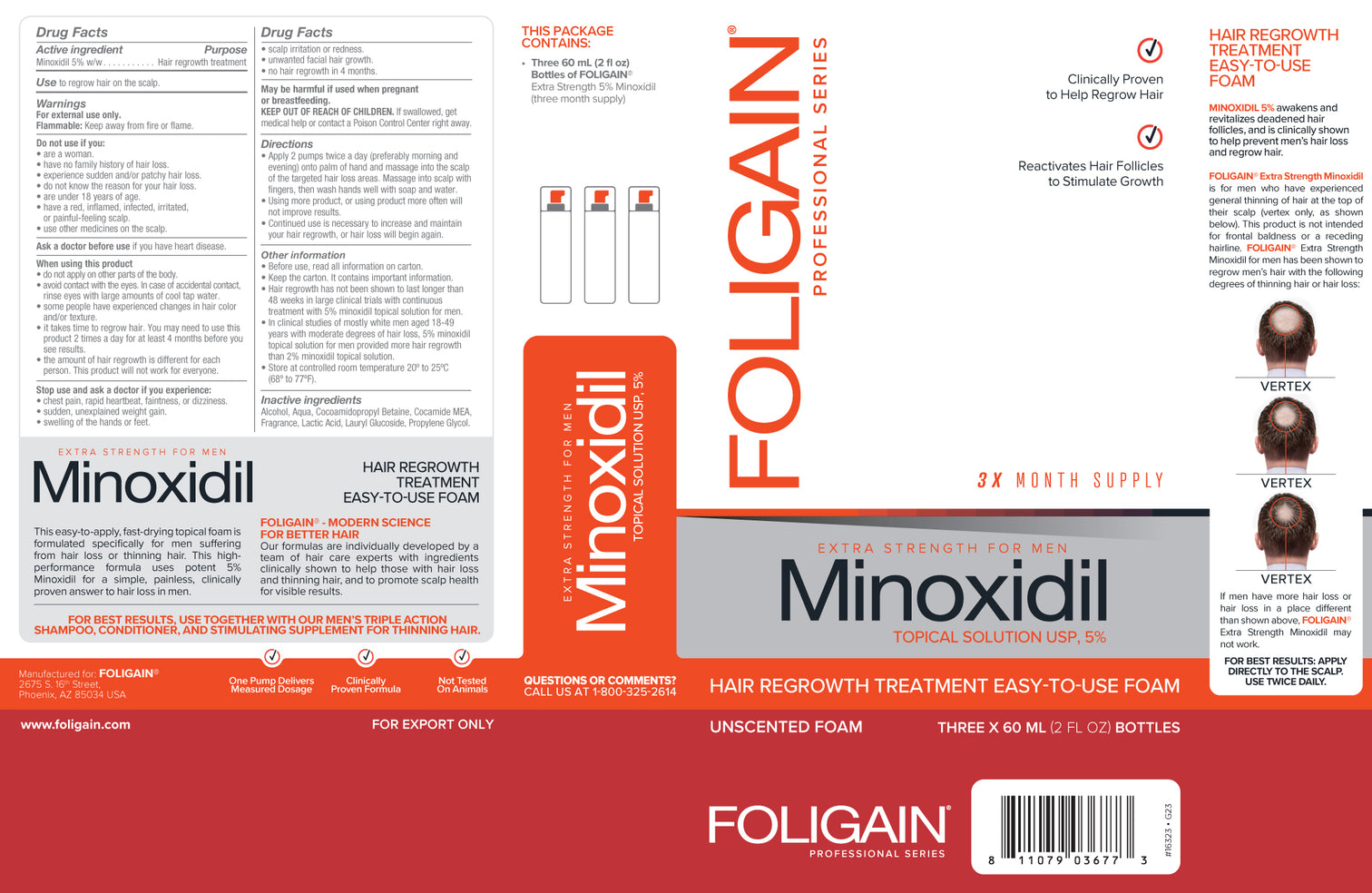 FOLIGAIN Minoxidil 5% Hair Regrowth Foam For Men 3 Month Supply ...